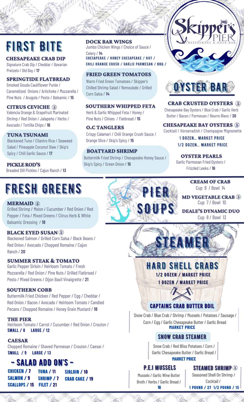 Dinner Menu – Skipper's Pier Waterfront Restaurant, Deale, Maryland